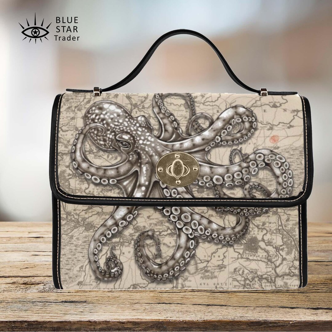 Tan Octopus Purse, Vintage Map Canvas Satchel Bag, Steampunk Cross Body ...