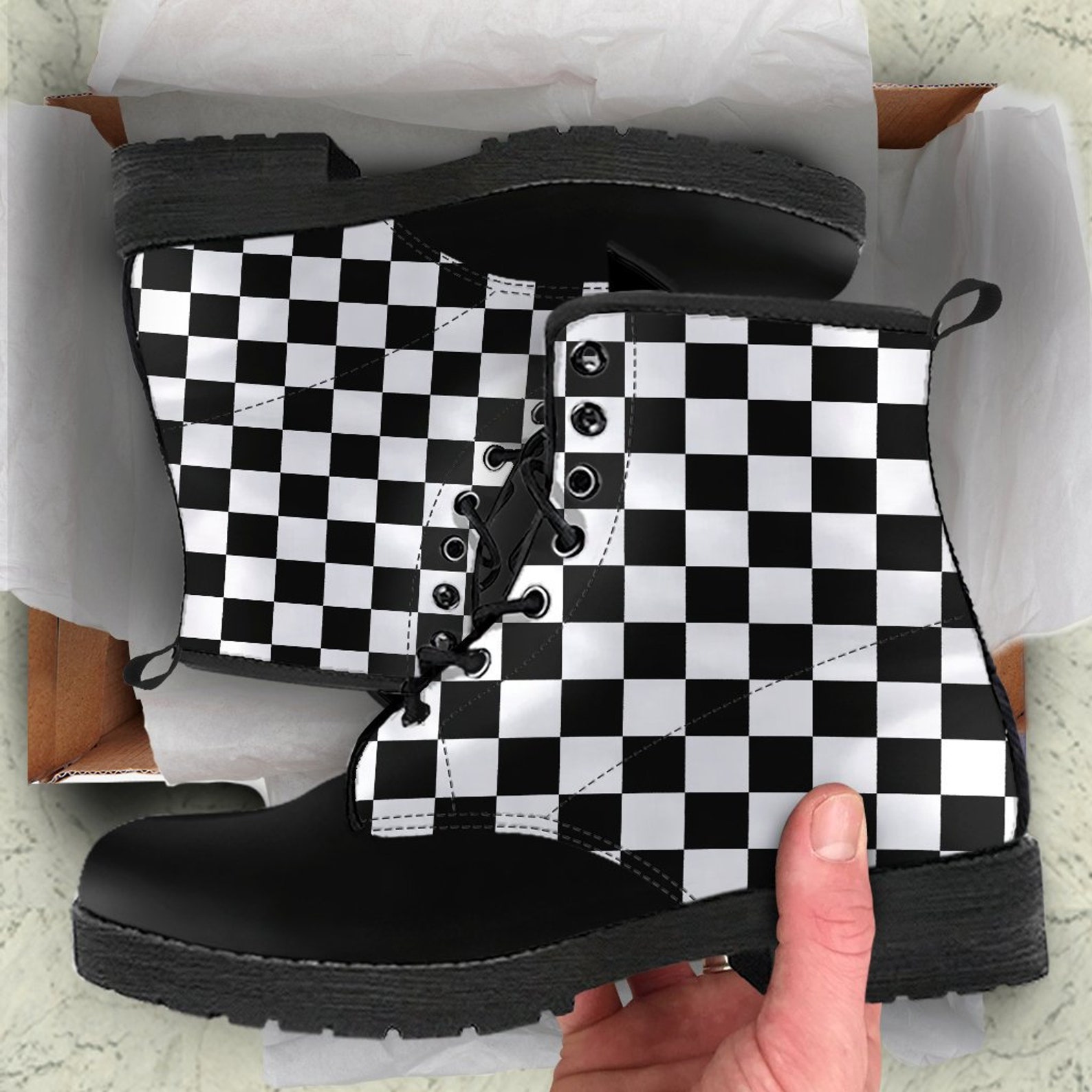 Black White Checkered Boots Combat Style Men's Women's - Etsy