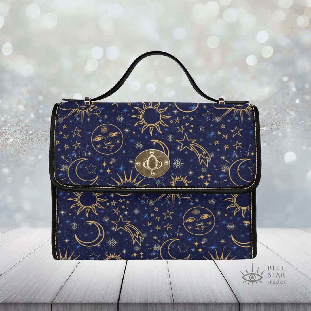 Blue Celestial Moons Stars Canvas Bag, Cute Witch Bag, Cross Body Purse ...