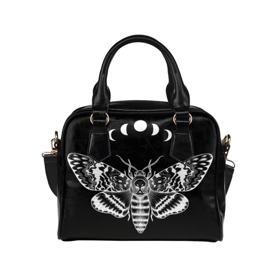 Gothic Moth Moon Phases Handbag, Womens Black Witchy Shoulder Bag Purse ...