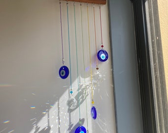 Home & Living Wind Chimes Turkish Blue Glass Evil Eye Bullseye Wood ...