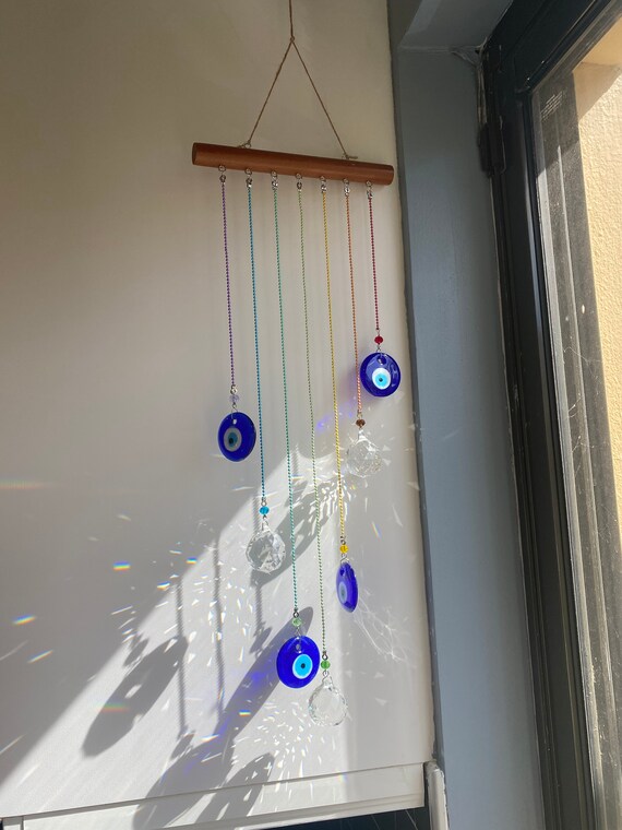 Home & Living Wind Chimes Turkish Blue Glass Evil Eye Bullseye Wood ...