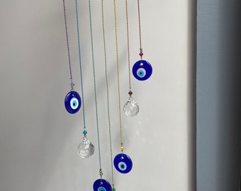 Home & Living Wind Chimes Turkish Blue Glass Evil Eye Bullseye Wood ...