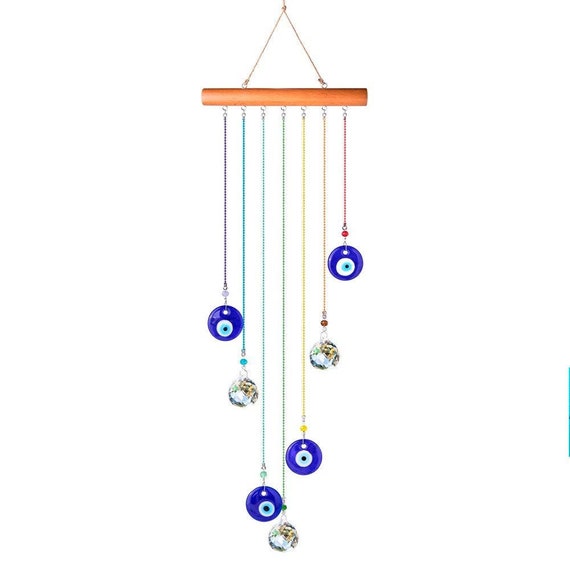 Home & Living Wind Chimes Turkish Blue Glass Evil Eye Bullseye Wood ...