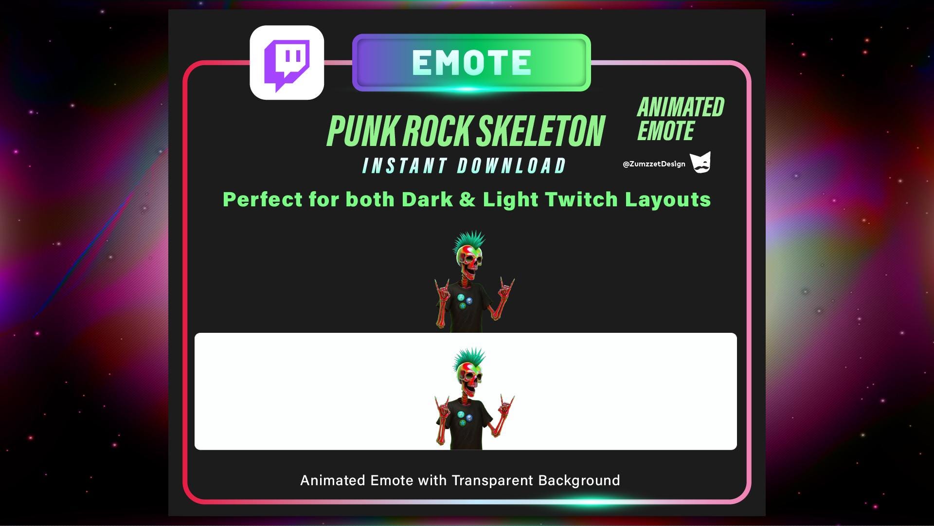 Animated Punk Rock Skeleton Twitch Emote: Glowing Metal Streamer Design ...