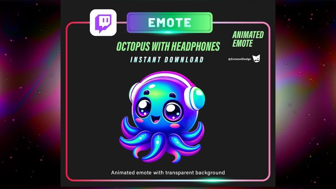 ANIMATED Neon Dj Octopus With Headphones Emote for Twitch, Streamer ...