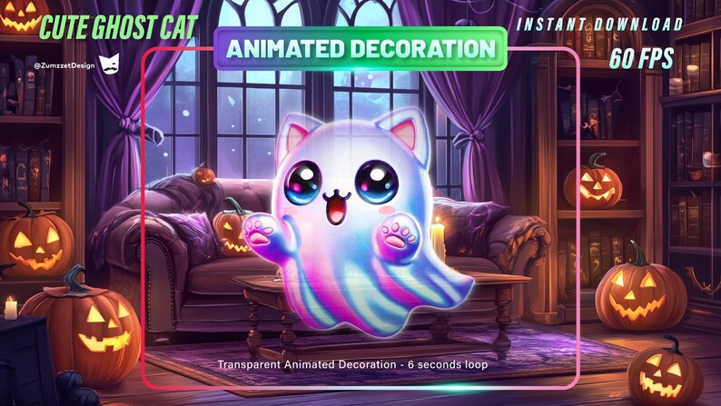 Animated Ghost Cat Stream Overlay: Halloween Vtuber Decoration (digital ...