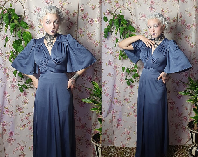 Vintage Slate Blue 30s Style Flutter Sleeve Maxi Ankle Dress - UK8 ...
