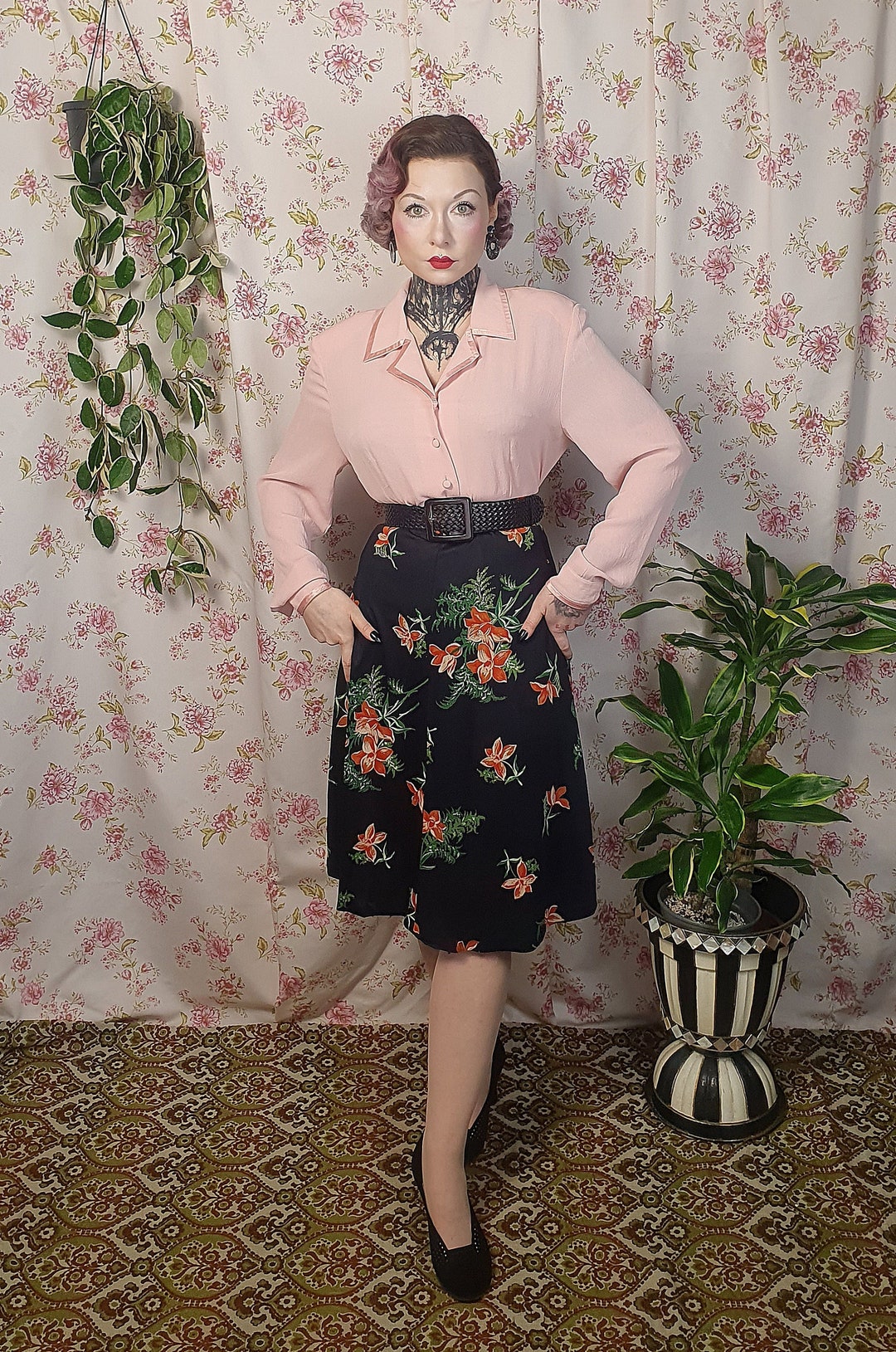 Vintage Pastel Pink Satin Detail Longsleeve Pointy Collar Bishop Sleeve ...