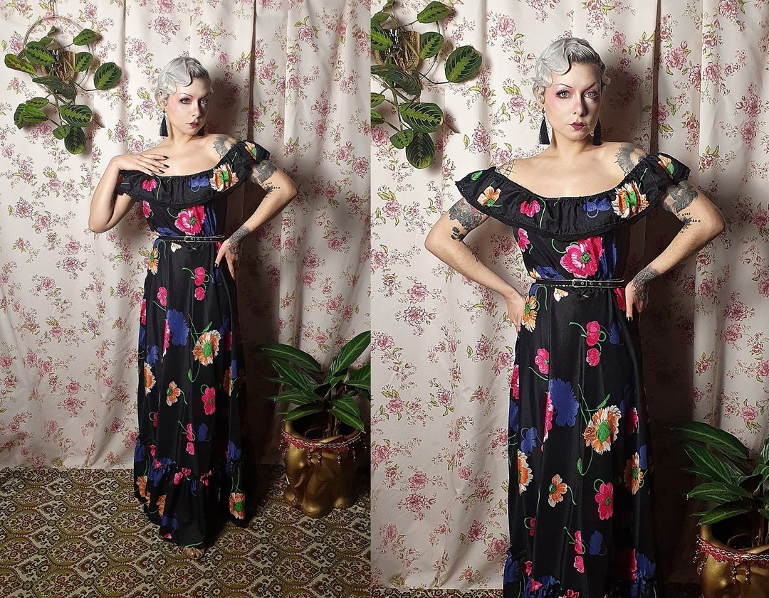 Vintage Ruffled off Shoulder Evening Party Floral Print Dress UK 8 12 ...