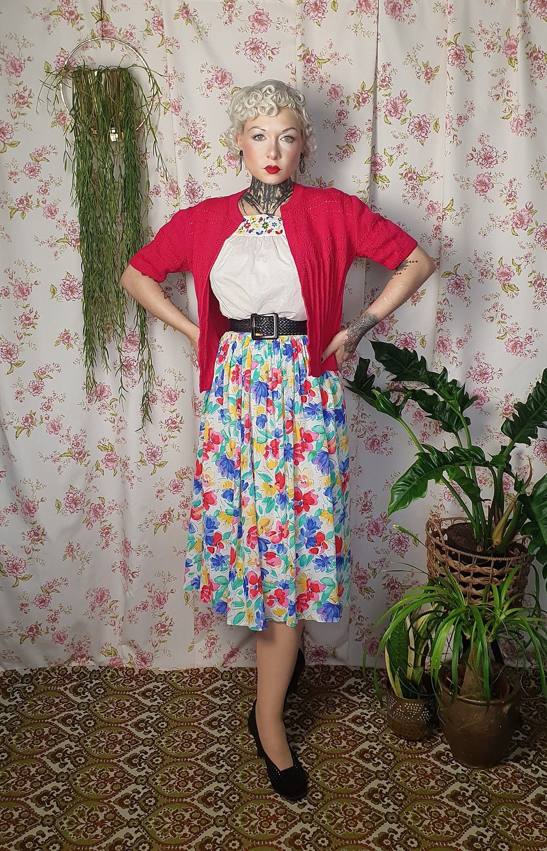 Vintage Short Sleeve Fuchsia Throw on Openwork Repro Jumper- UK8-14 ...