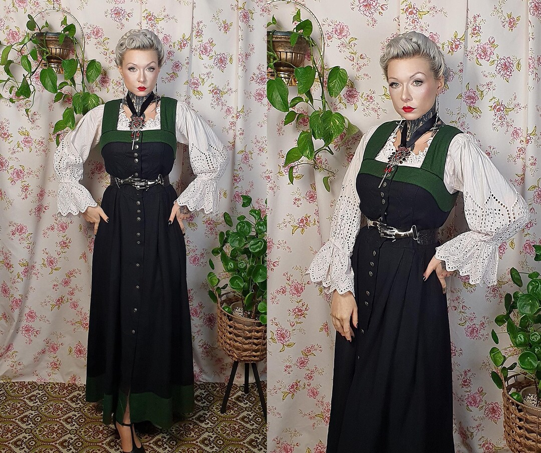 Black Forest Witch Green Linen Cotton Austrian Folk Maxi Dirndl Dress ...