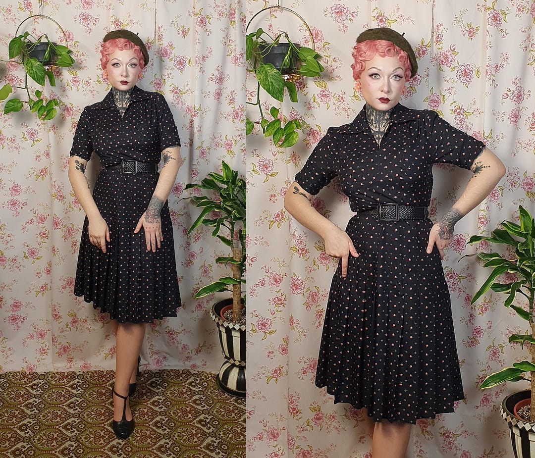 Black Pink Ditsy Floral Print Pointy Collar Puffy Sleeve a Line Pleated ...