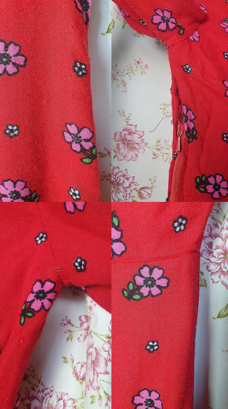 Vintage Long Sleeve 30s 40s Style Red Pink Green Floral Print - Etsy