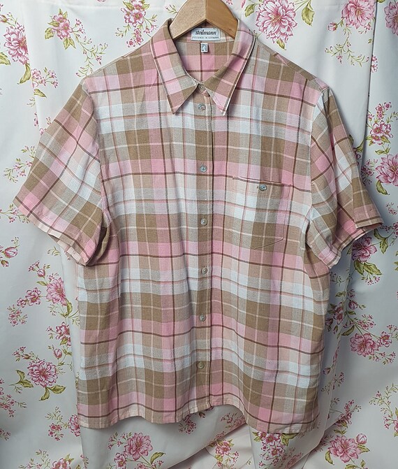 Vintage Plaid Pastel Pink Beige White Workwear Collar… Gem