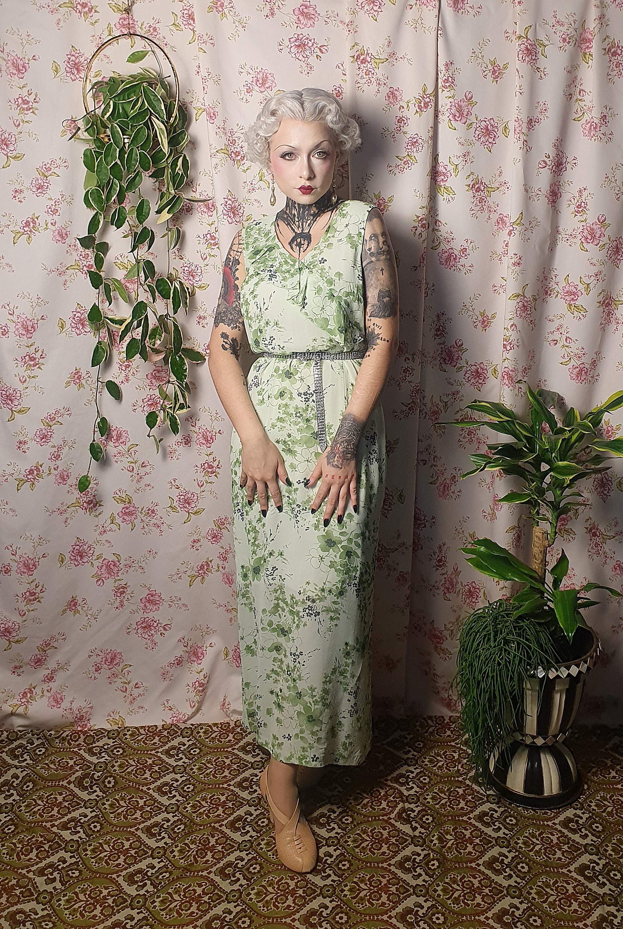Vintage Green Floral Rayon Georgette Flutter Neck Sleeveless 30s Style ...