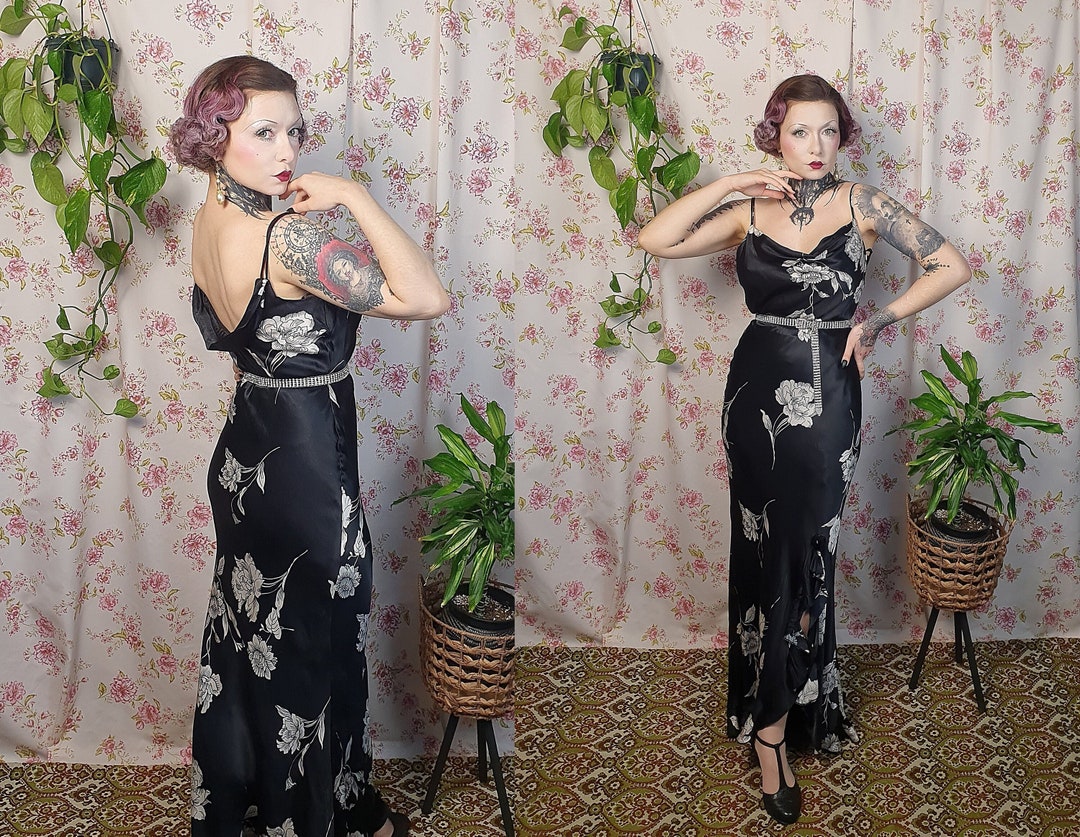 Slinky 30s Style Mermaid Body Hugging Open Cowl Back Long Floral Dress ...