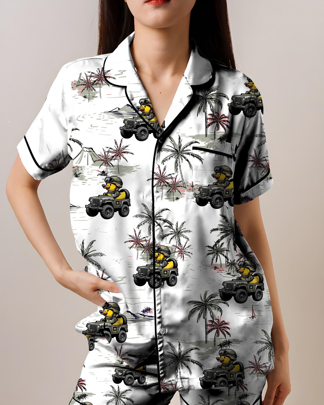 Rubber Duck Army Pajamas, Off-road Vehicle AOP Satin Short Sleeve Set ...