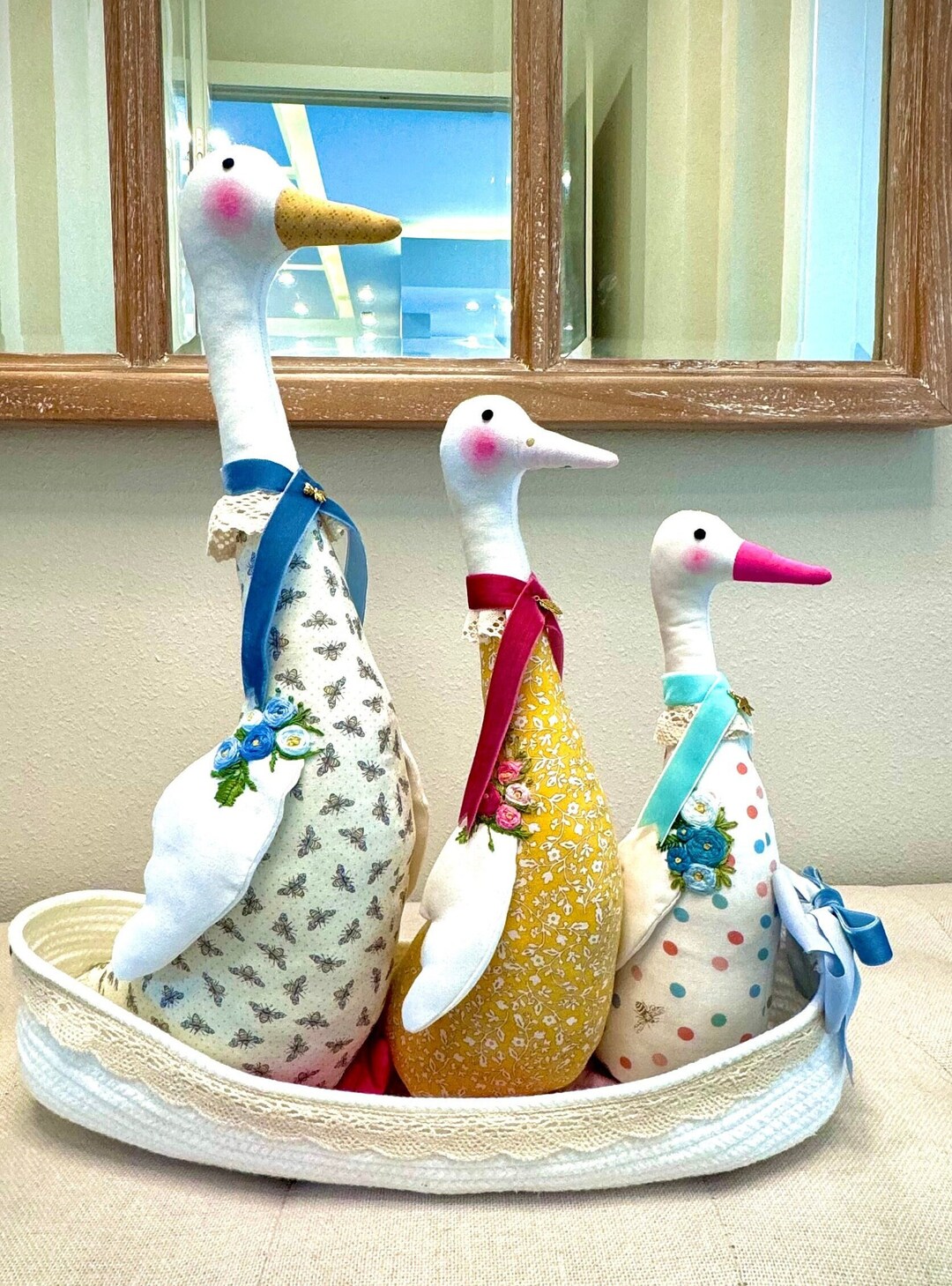 Handcrafted Geese Family in Custom Basket, Home Decoration, Baby Shower ...