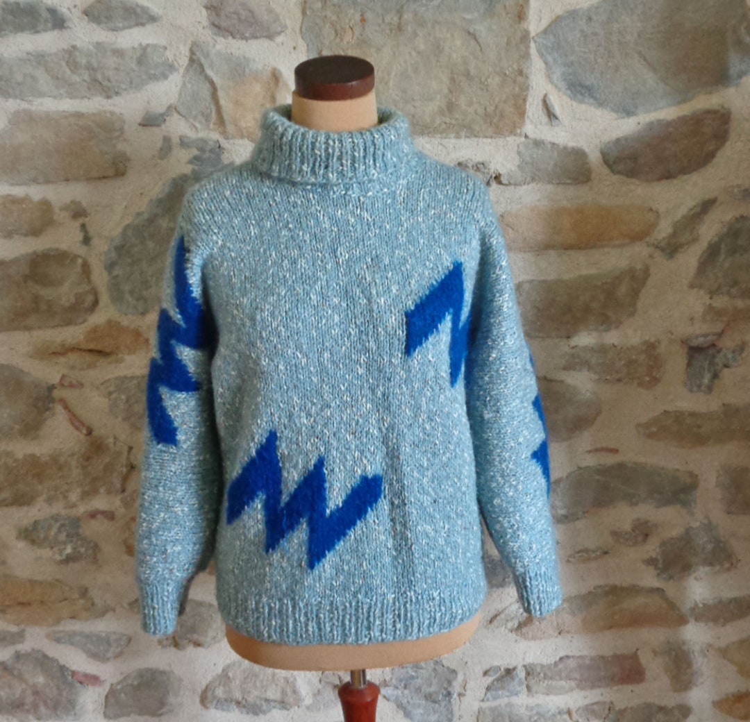 80s Hand Knit Sweater, Chunky Blue Marl Jumper, Mohair Lightning Bolts ...