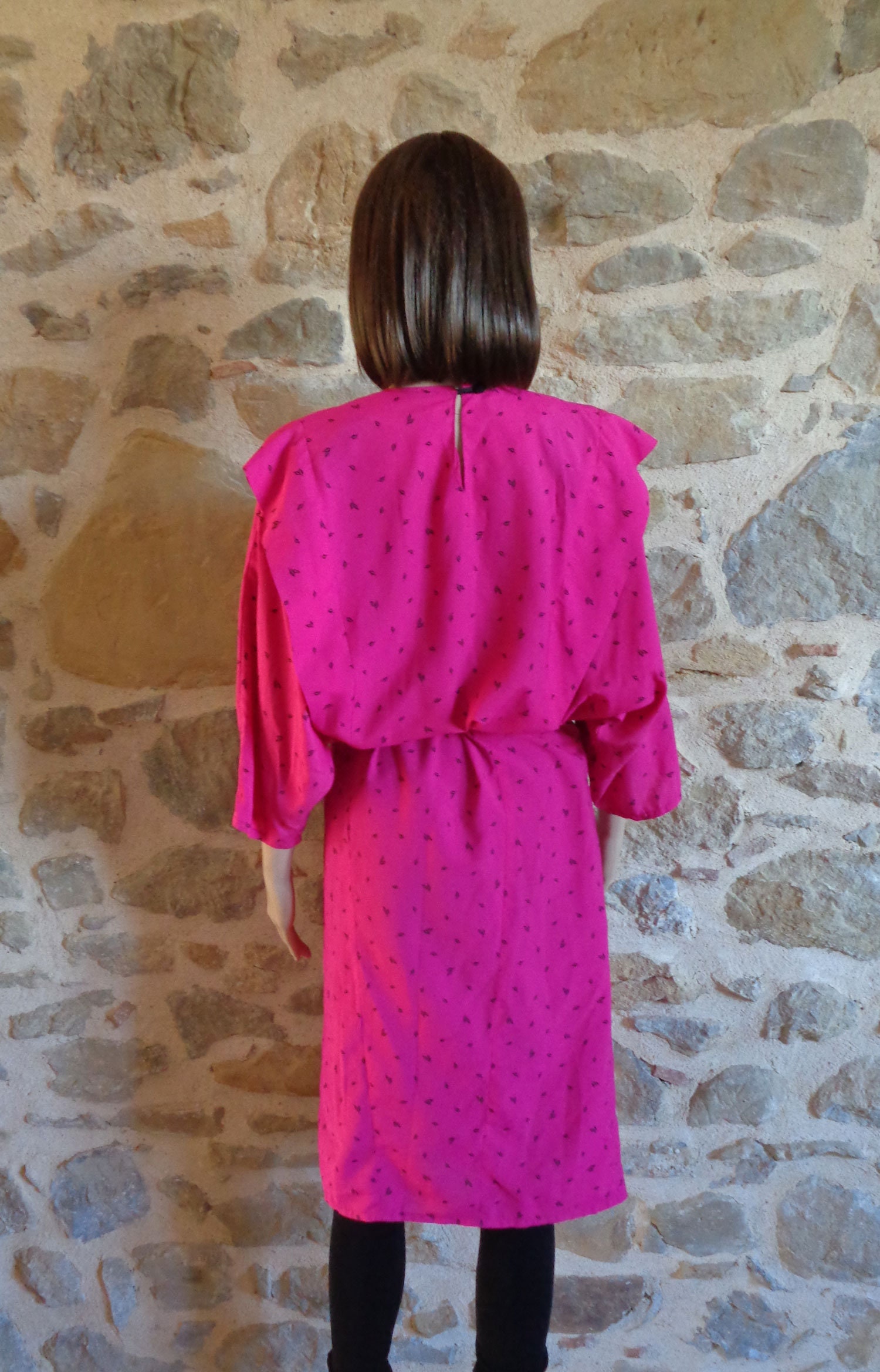 Pink 80s dress with black leaf print bright pink pull on home | Etsy