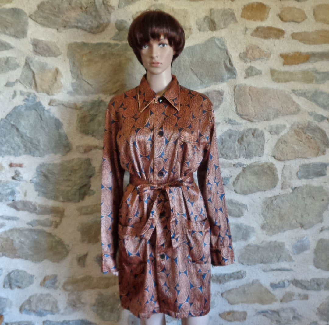 Black Paisley Print Robe, Botton Front Dressing Gown, Heavy Satin Tie ...