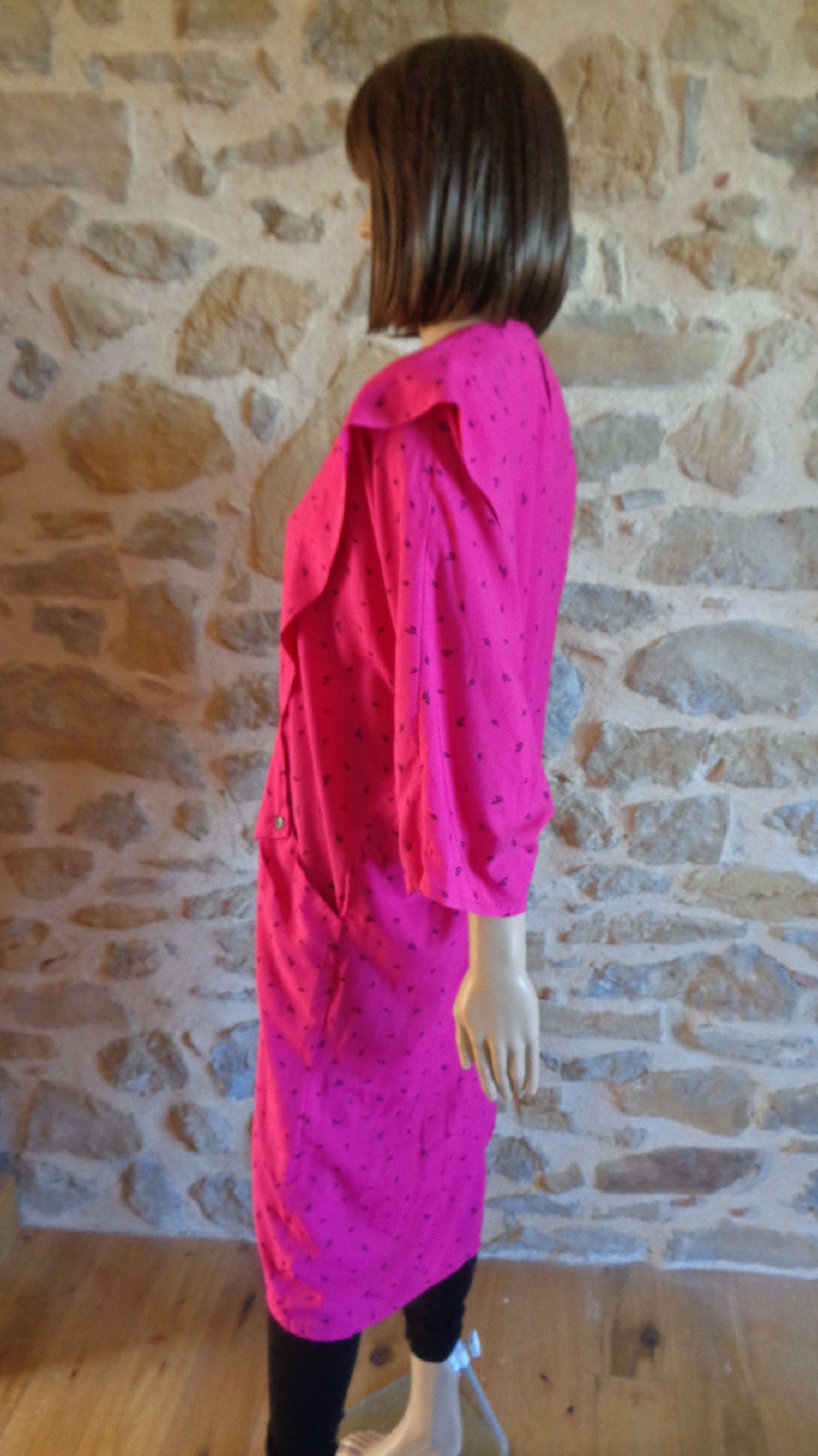 Pink 80s Dress With Black Leaf Print Bright Pink Pull on Home - Etsy