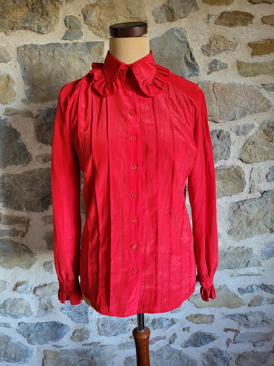 80s Bright Red Blouse, Frill Collar and Cuff Blouse - Etsy