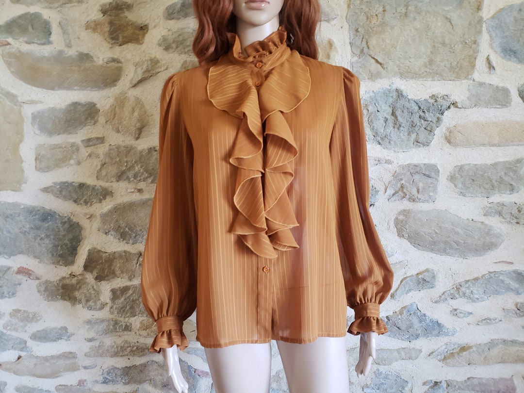 80s Dark Mustard Blouse With Waterfall Pleated Frill Front Collar and ...
