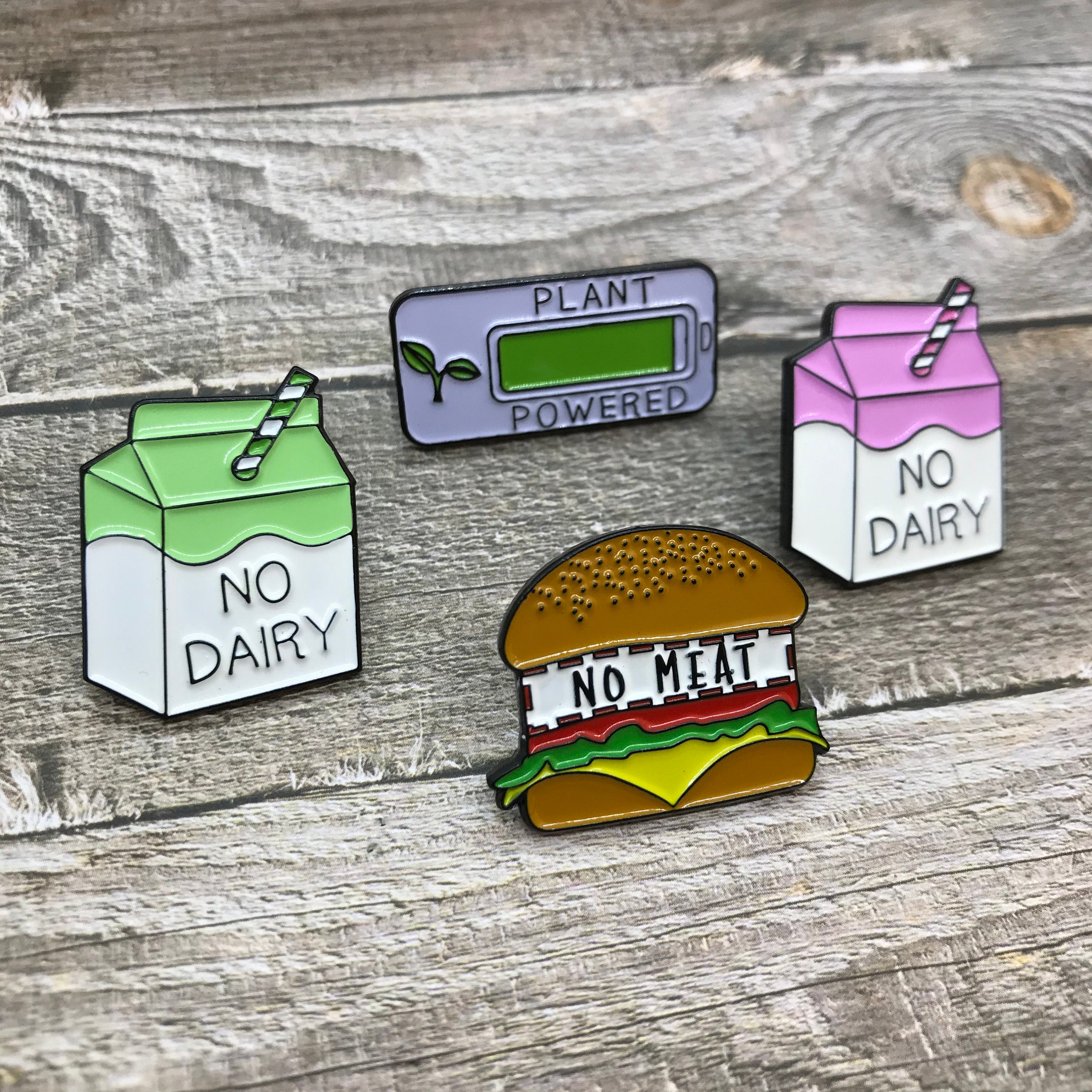 Set Of 3 Vegan Vegetarian Enamel Pins No Meat No Dairy Plant