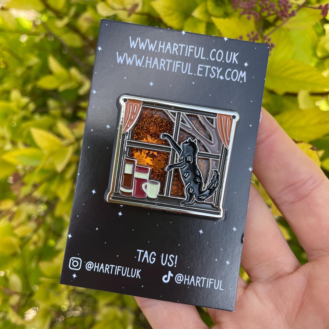 Cat and Books Autumn Fall Enamel Pin With Shaker Moving Glitter and ...