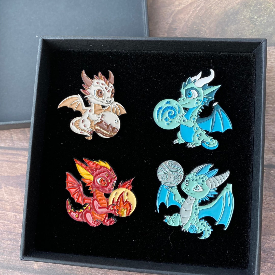 Elemental Dragon Enamel Pin Set: Crystal Ball Dragon Pins in Box - Etsy