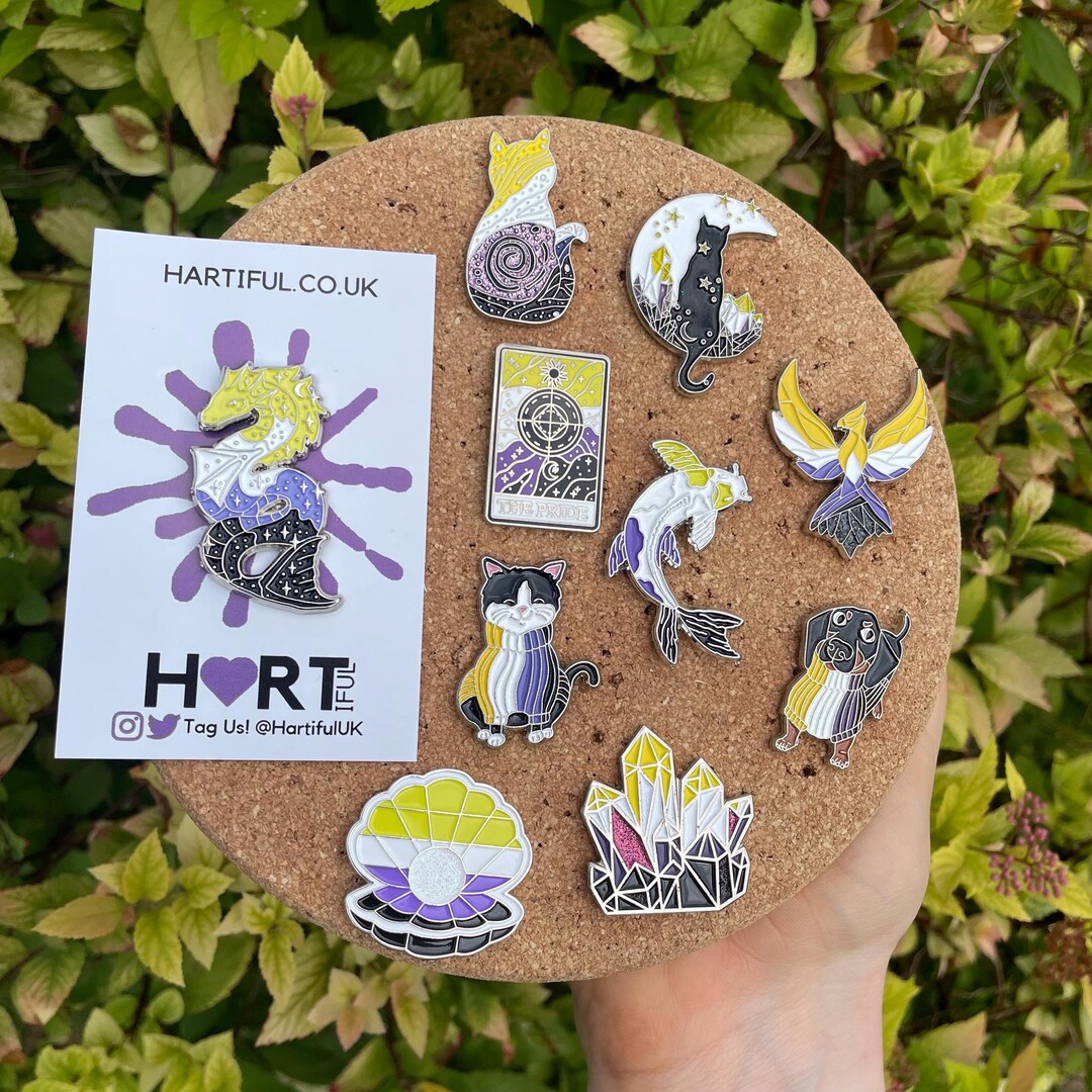 Non Binary Pride Flag Enamel Pin Set: Crystal & Cat Glitter Lapel Pins ...