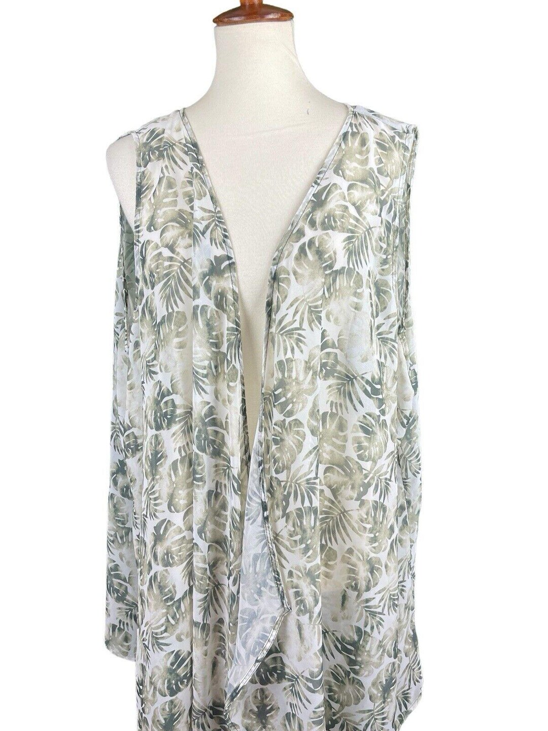 Sheer Tropical Leaf Vest Size 2X Open Drape Cover up Tan Green Plus ...