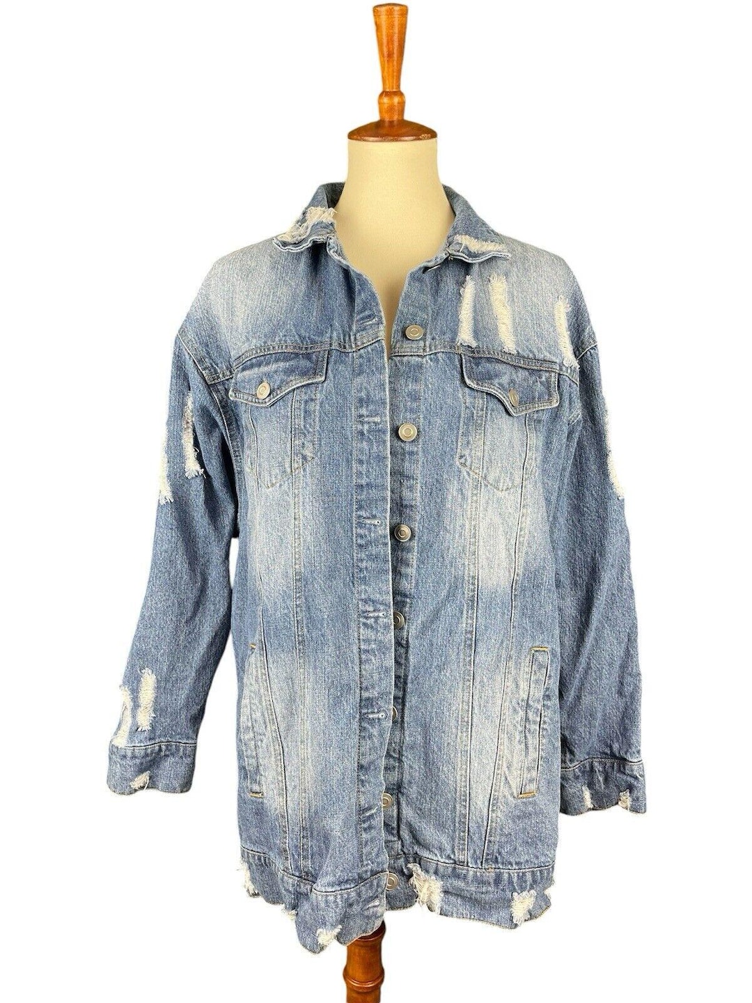 Distressed Long Denim Jacket Women Size Large Long Jean Jacket 90s - Etsy