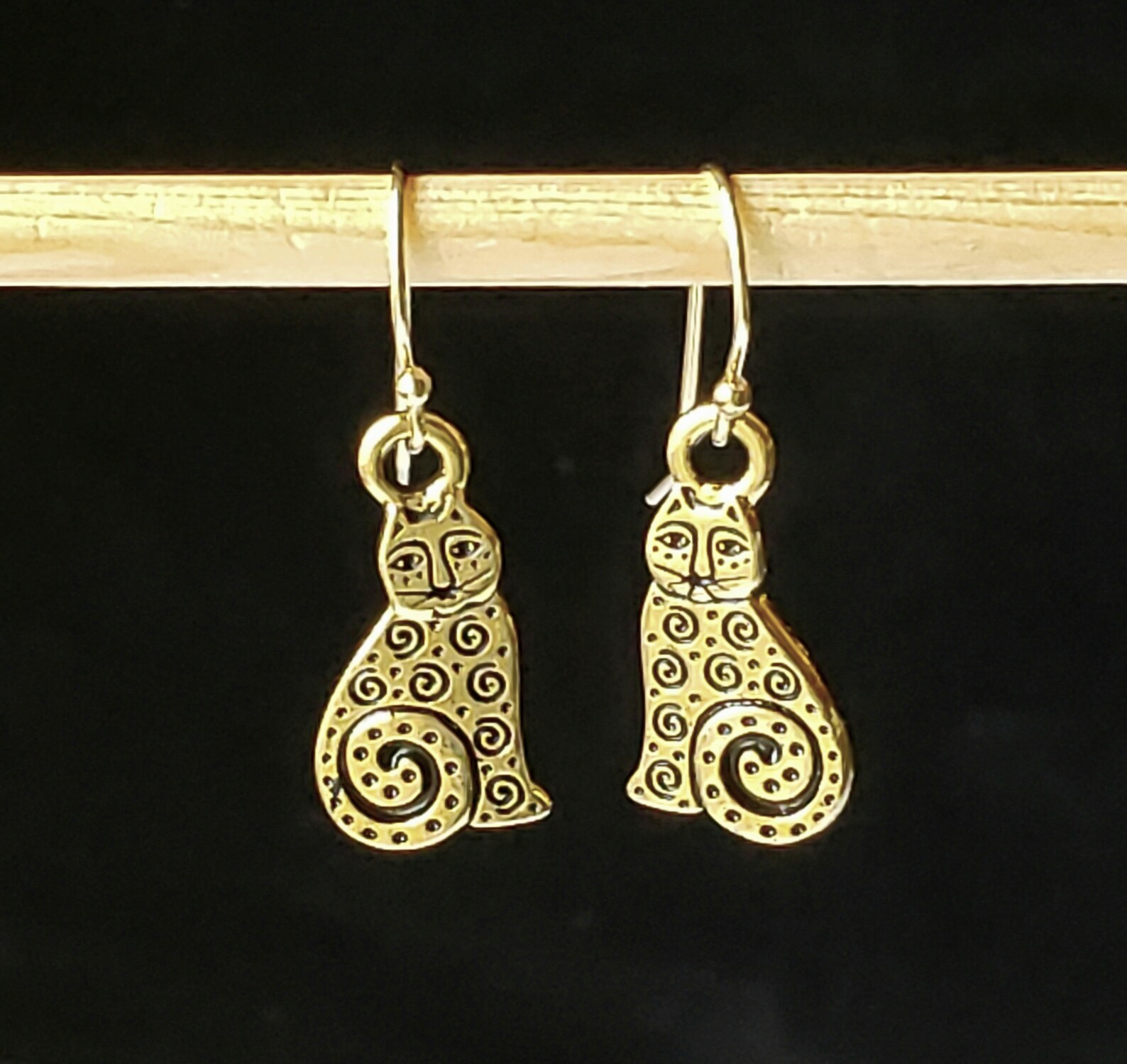 Black Enameled Cat Earrings With Gold Plated Trim and 14K Gold - Etsy