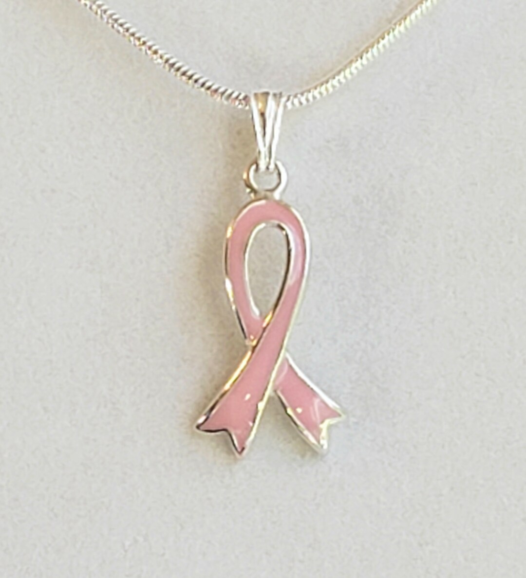 Pink Ribbon Against Breast Cancer Pendant, Necklace in Pink Enamel With ...