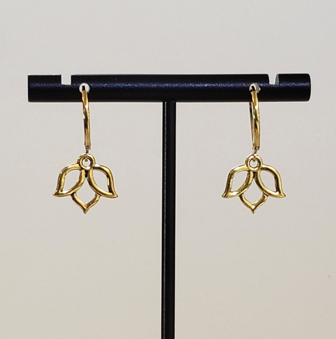 Antique Gold Plated Pewter Open Cut Lotus Blossom Earrings With 14K ...