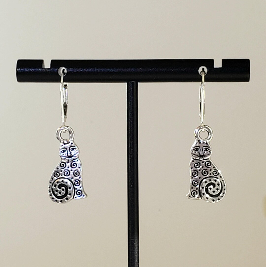 Antique Silver Kitty Earrings, Swirl Cat, Sterling Lever Backs - Etsy