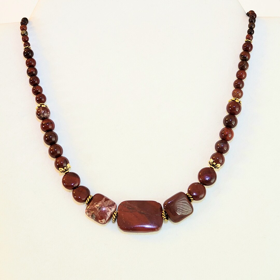 Red Apple Jasper Beaded Gemstone Necklace in Multiple Shape Beads ...