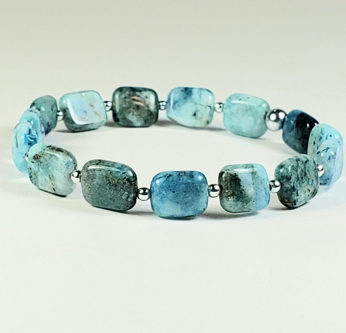 Blue Quartz Pyrite Beaded Gemstone Stretch Bracelet in Pale Blue, Aqua ...