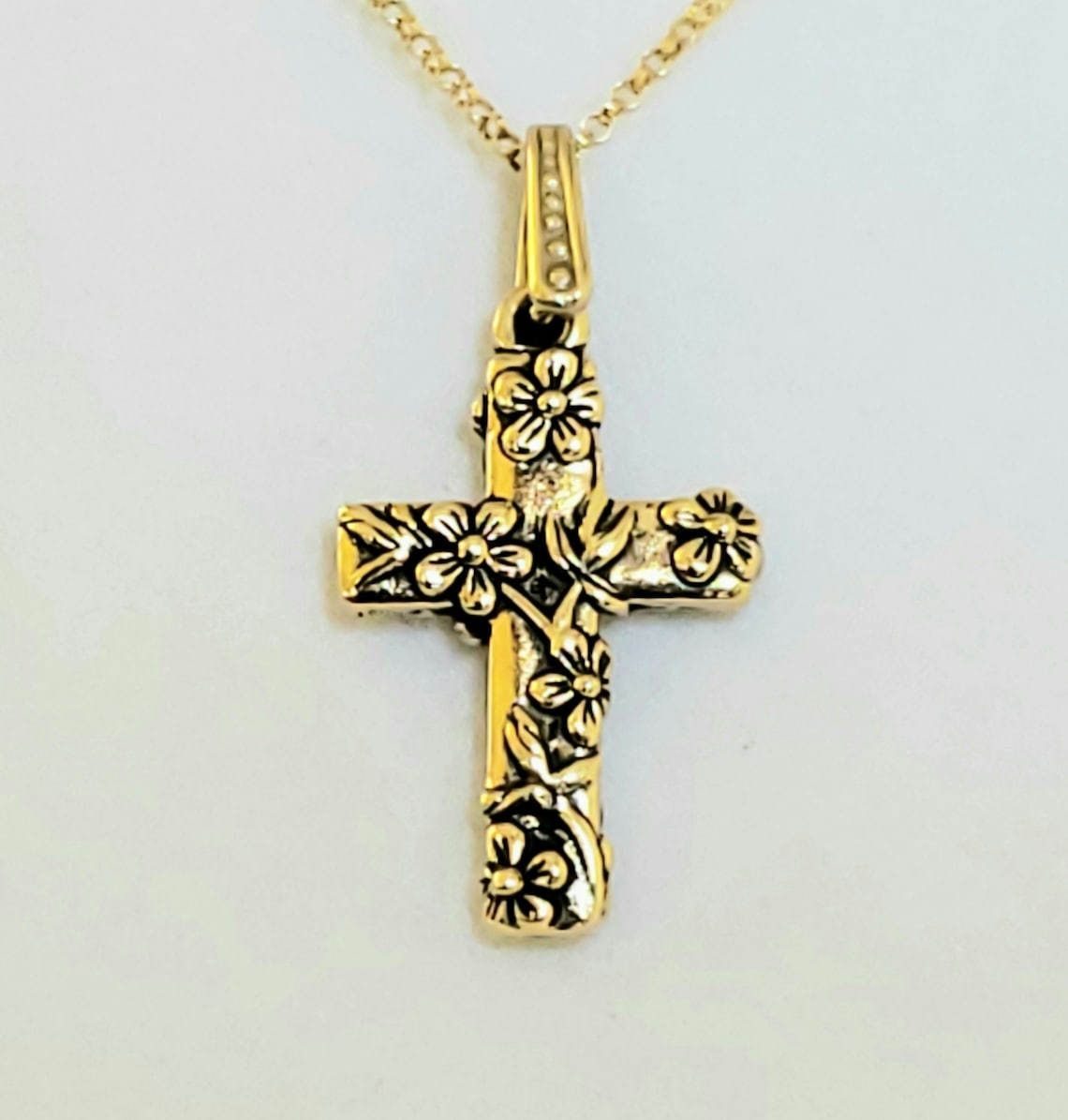 Antique 14K Gold Plated Pewter Floral Cross Pendant Necklace | Etsy