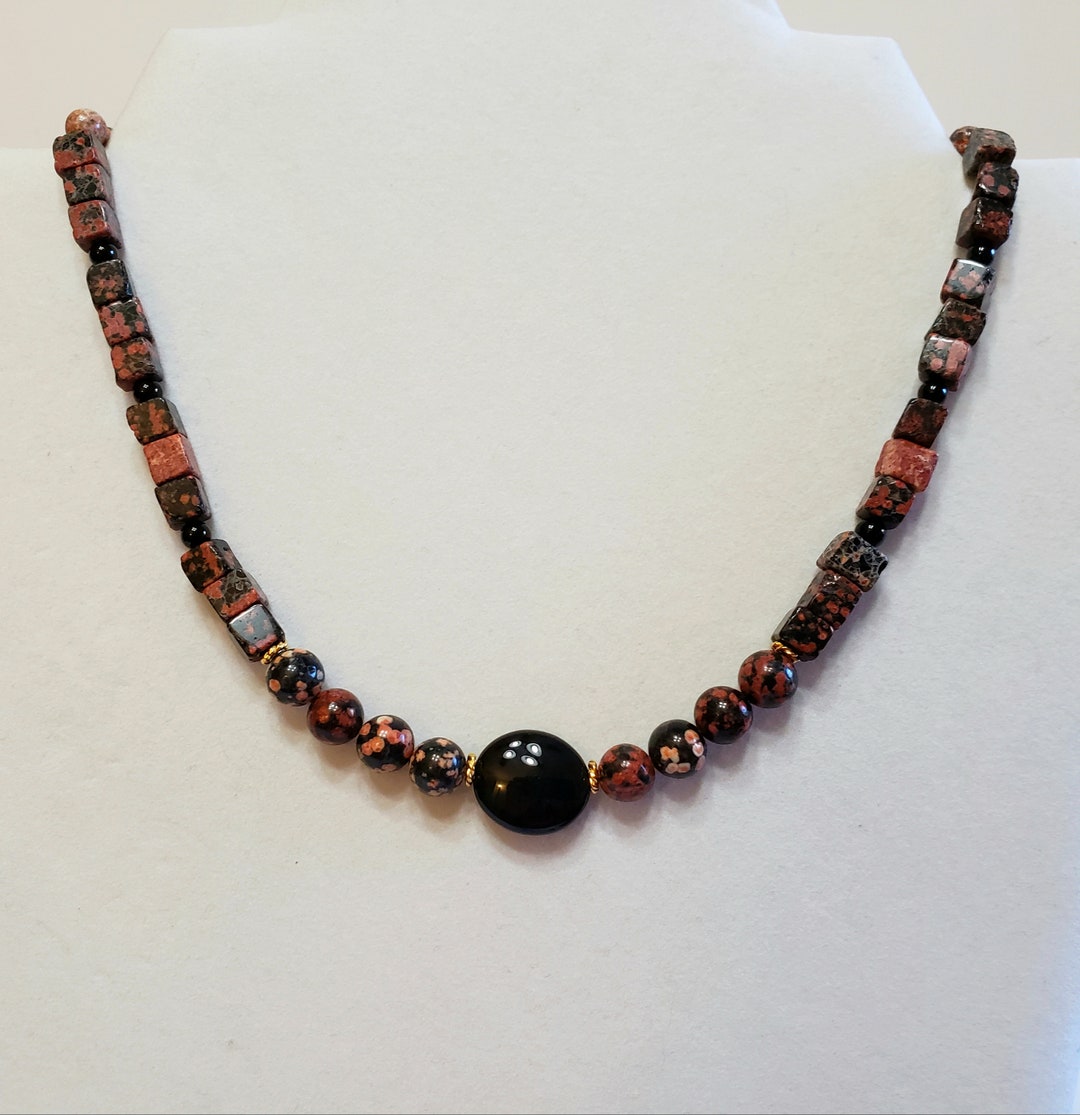 Mexican Red Snowflake Jasper Beaded Gemstone Necklace With Center Oval ...