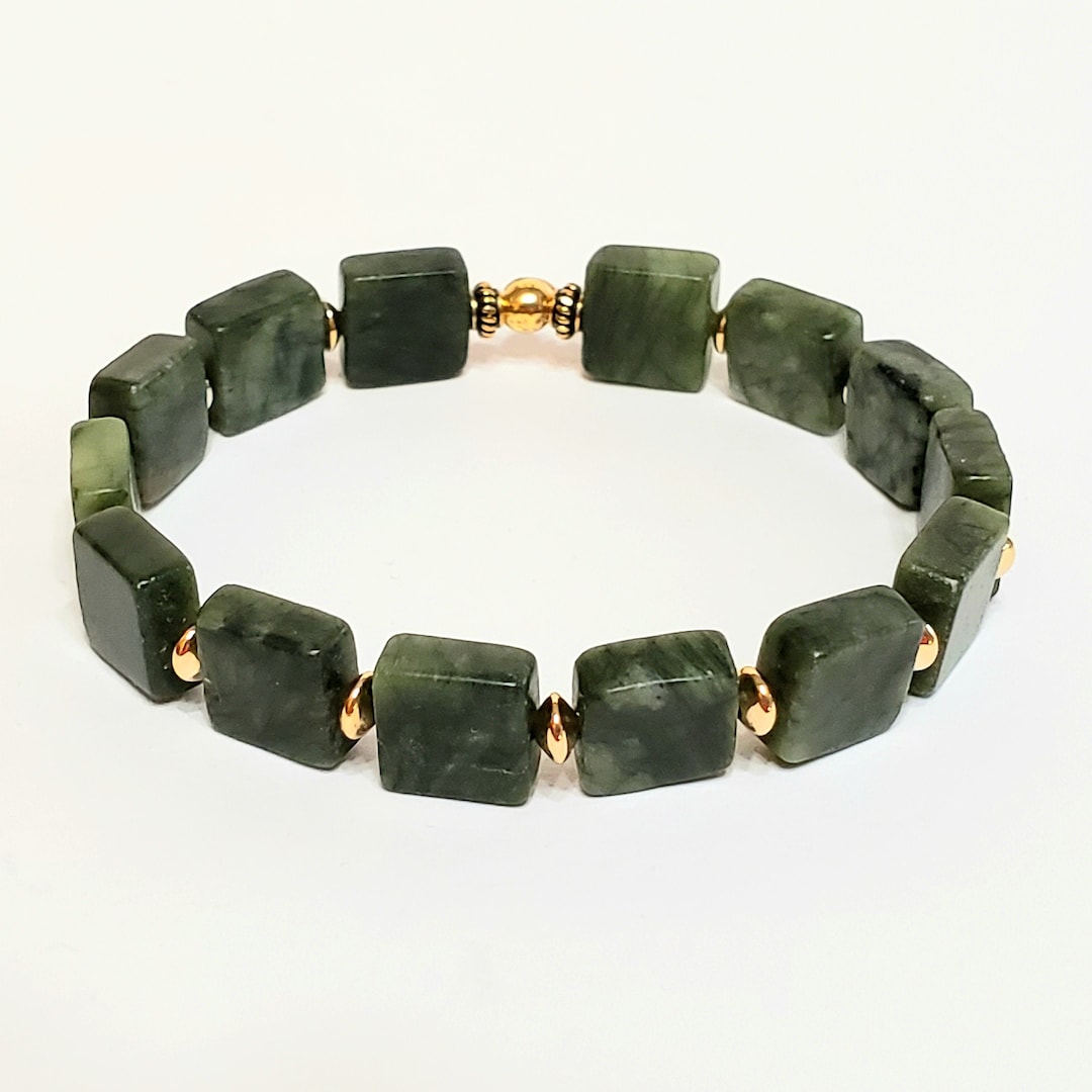 Men's Jungle Sage Green Jasper Beaded Gemstone Stretch Bracelet in 3/8 ...