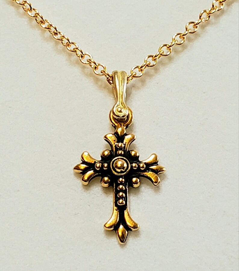 Antique Gold French Fleur Cross Pendant in Gold Plated Pewter & 14K ...