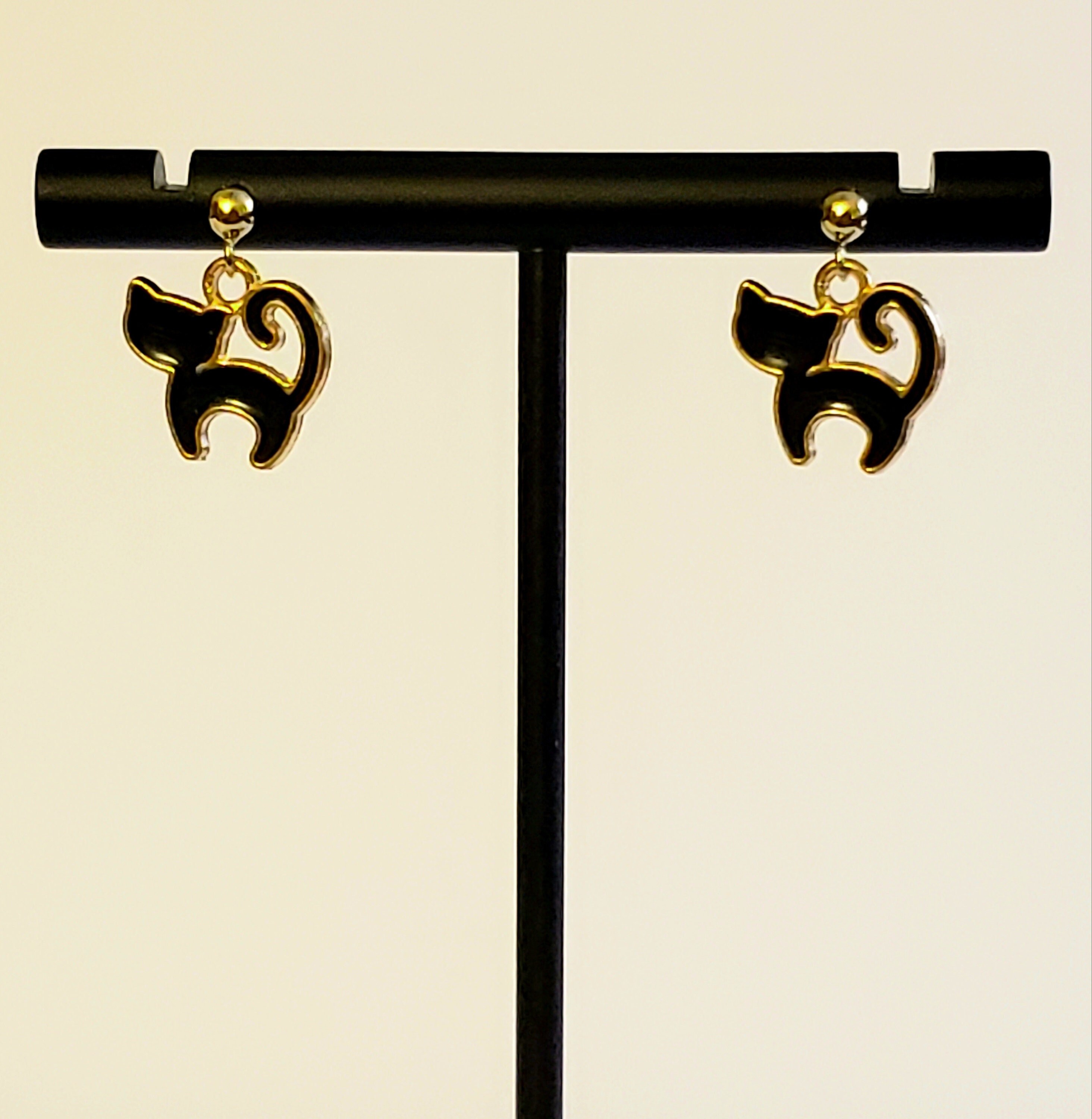 Black Enameled Cat Earrings With Gold Plated Trim and 14K Gold - Etsy