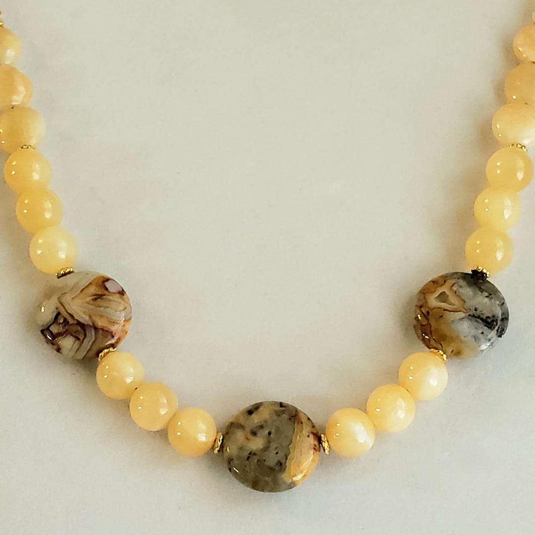 Ocean Jasper Gemstone Necklace, Yellow Calcite, Gold Hook & Eye Clasp ...