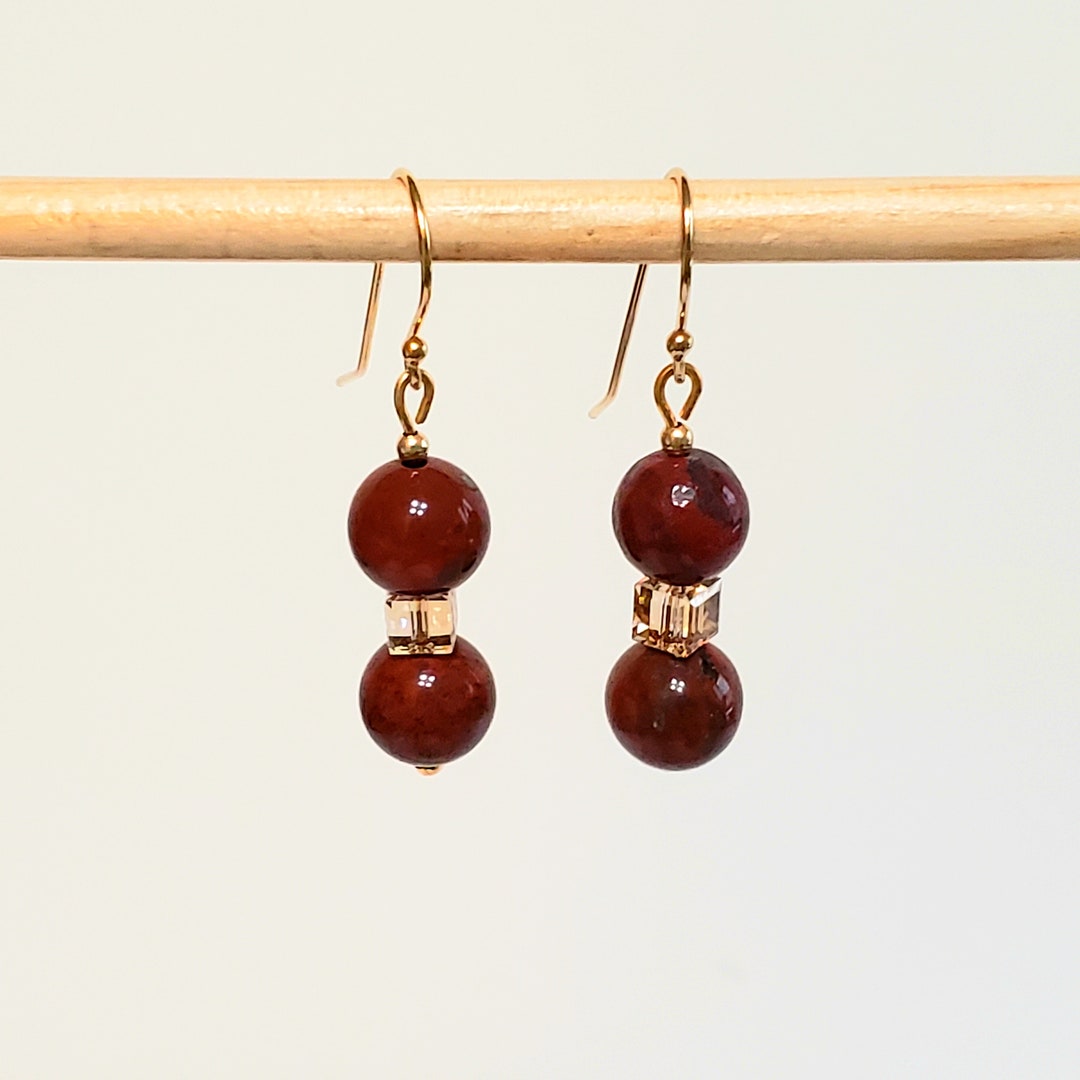 Red Beaded Gemstone Earrings in Brecciated Red Jasper, Crystal Cube in ...