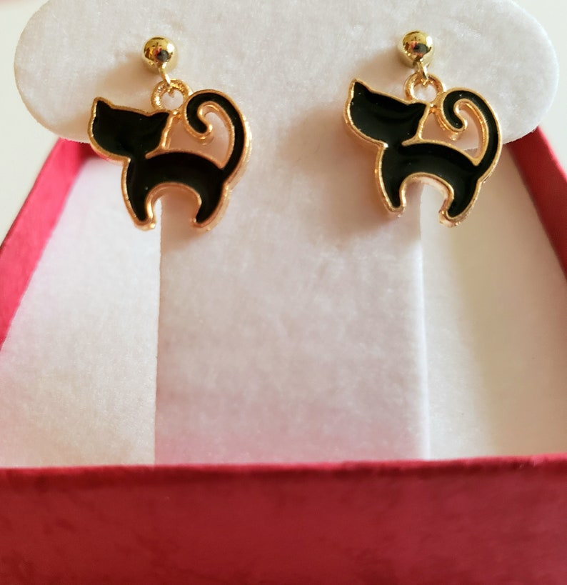 Black Enameled Cat Earrings With Gold Plated Trim and 14K Gold - Etsy