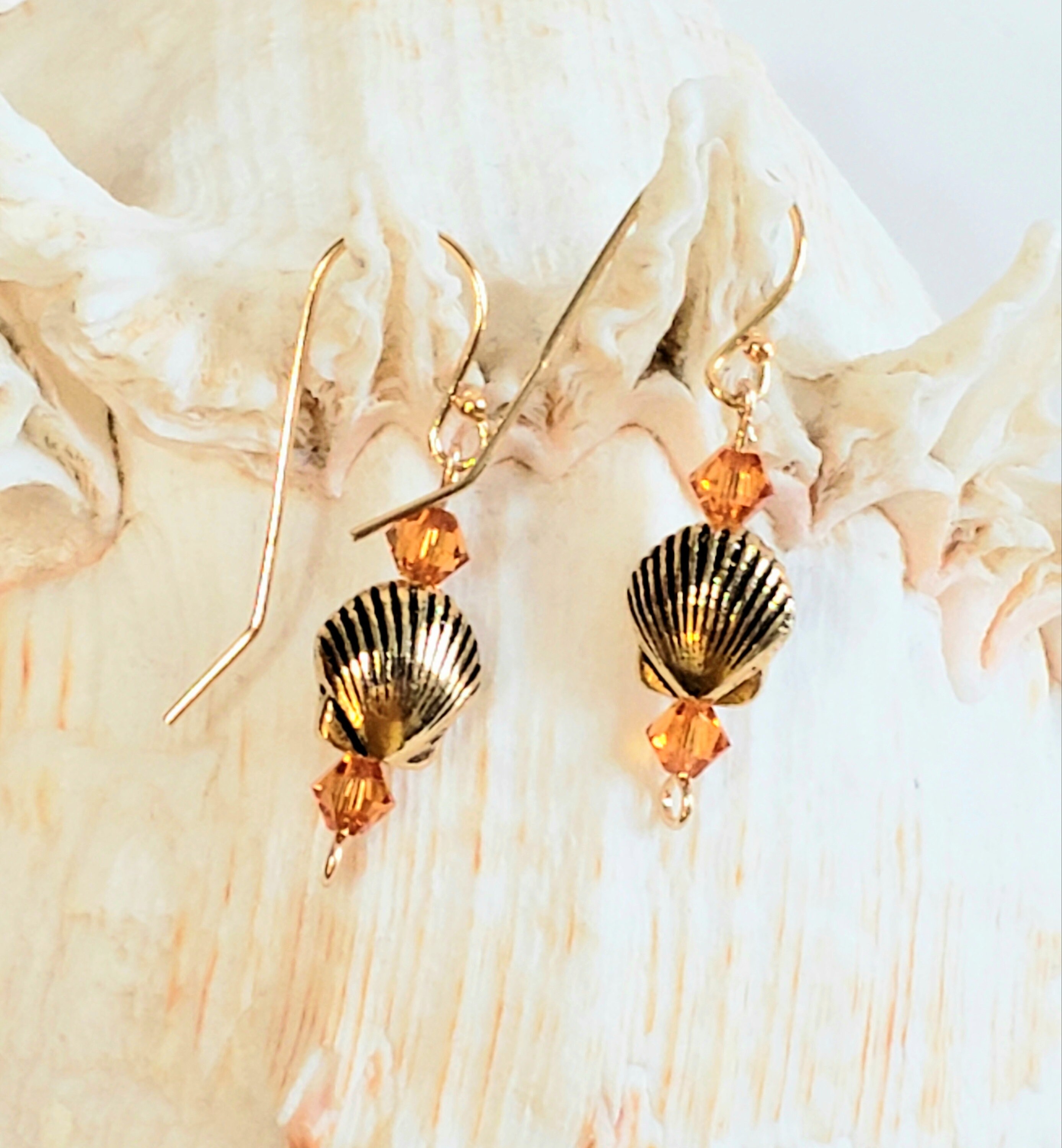 Antique Copper Seashell Drop Earrings with Textured or | Etsy